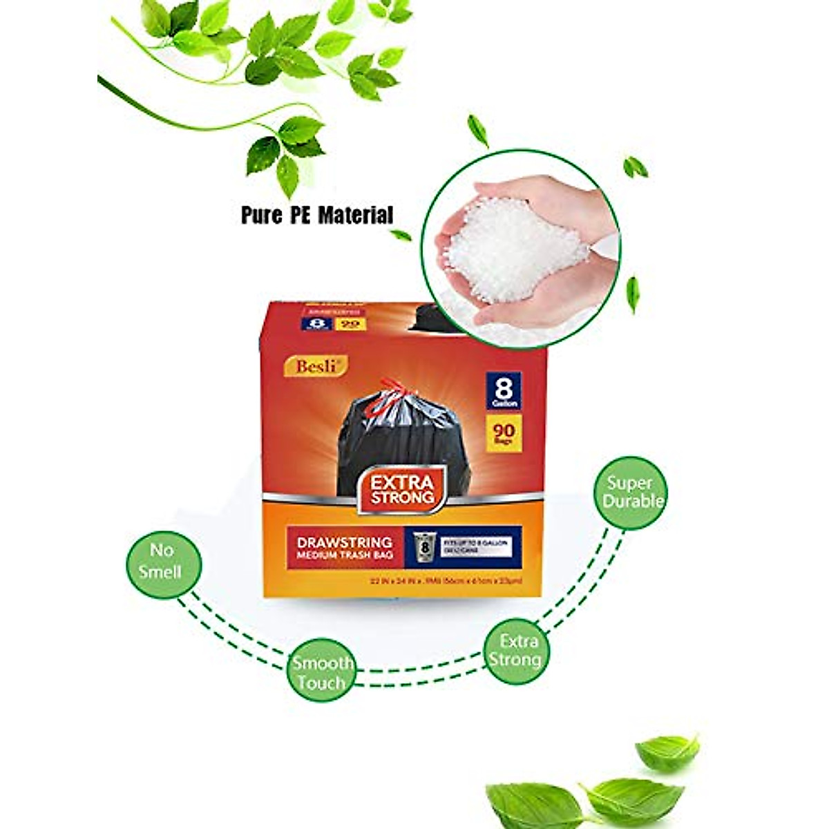 Besli 8 Gallon Black Drawstring Trash Bag Garbage Bag Trash Can Liner,0.9 Mil,90 Counts