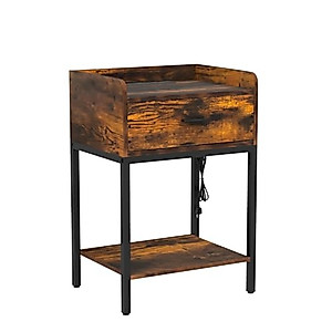 Lerliuo Nightstands Set of 2 with Charging Station and USB Ports, 3-Tier End Side Table with Storage Drawer and Shelf, Modern Bedside Night Stand for Bedroom, Retro Brown