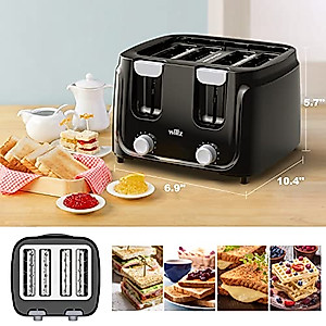 Willz 4-Slice Toaster, Extra Wide Slot with 6 Browning Levels, Compact Toaster for Bread, Removable Crumb Tray, Auto Shut-off & Easy Clean, Black