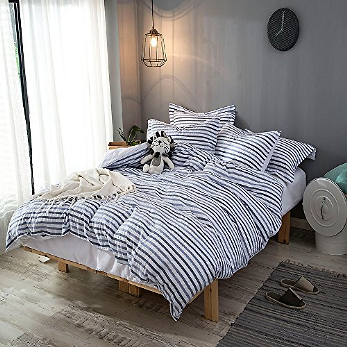 Merryfeel Seersucker Duvet Cover Set King,100% Cotton Woven Seersucker Stripe Bedding Set,3 Pieces (1 Comforter Cover with 2 Pilowwshams)- Blue King