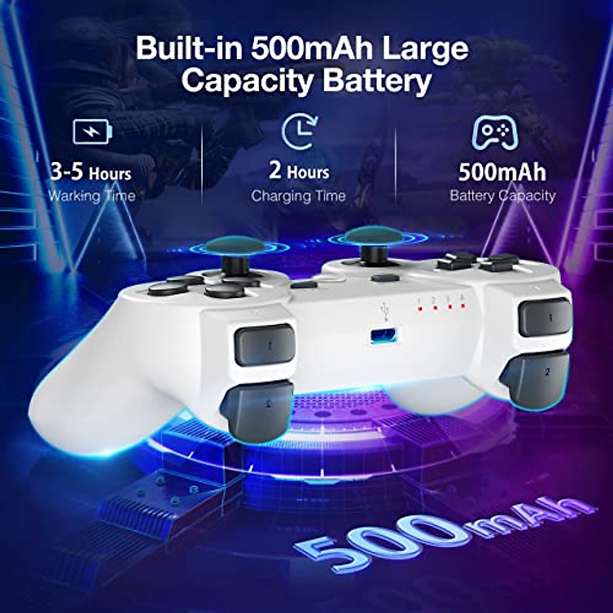 Powerextra PS-3 Controller Wireless Compatible with Play-Station 3, 2 Pack Double Shock High Performance Gaming Controller with Upgraded Joystick Double Shock for Play-Station 3 (Black + White)