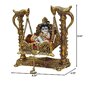 LAXMI Craft Lord Krishna Jhula Singhasan Indian Traditional Handicraft Antique Look Temple Arch/gate Design, Laddu Gopal Sofa with Jhula,Brass,17 x 10 x17 Cm (Metal JULLA with MARBAL Krishna)
