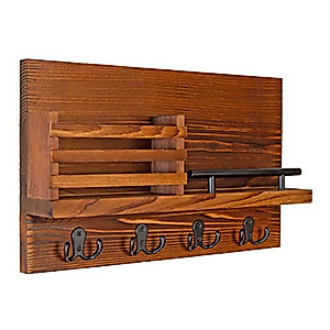 Ripple Creek Key Holder for Wall and Mail Shelf - Decorative Wooden Wall Organizer Rack for Keys, Letters, Bills - Pine Wood Unique Rustic and Industrial Decor - Perfect for Entryway, Kitchen