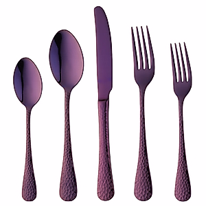 Bisda Purple Silverware Set, 20 Piece Premium 18/8 Stainless Steel Hammered Kitchen Utensil Flatware Cutlery Sets of 4, Mirror Polish, Dishwasher Safe