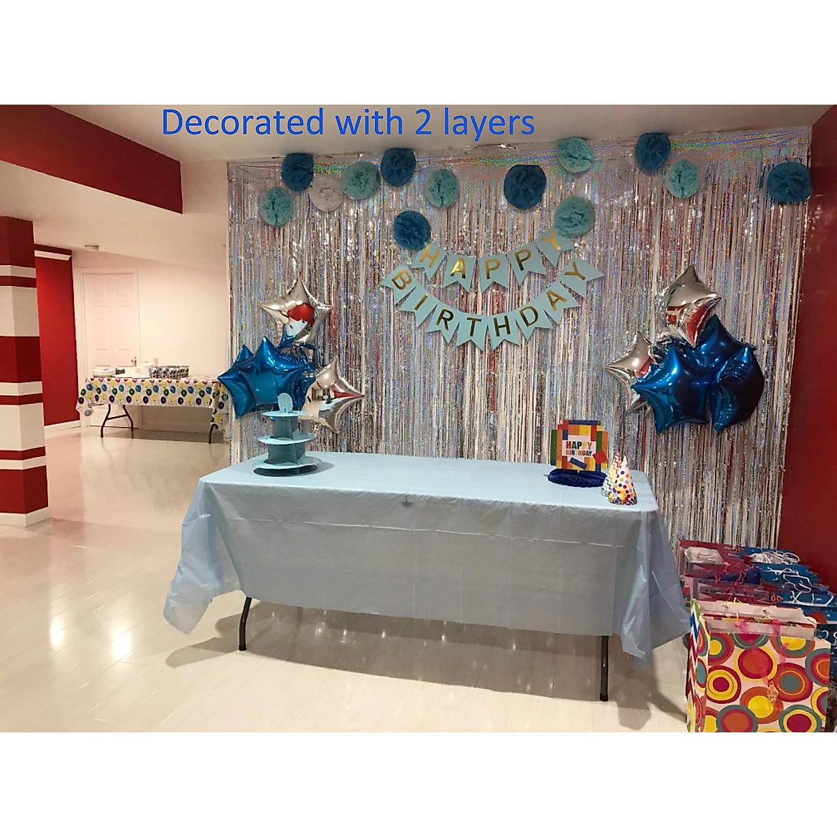 Melsan Foil Curtain, 2 Pack 3.2 ft x 8.2 ft Tinsel Foil Fringe Curtains Backdrop, Sparkle Metallic Foil Curtains for Party Photo Booth Props Decoration, Silver