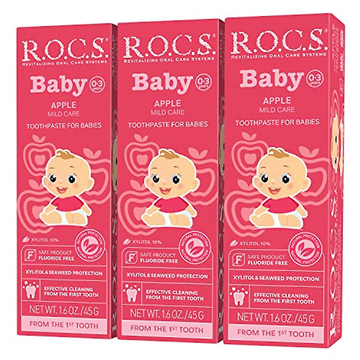 R.O.C.S. Baby Toothpaste - Soft Protective Formula for Teeth and Gums - for Babies and Toddlers 0-3 Years Old - Safe to Swallow - Natural, No Fluoride or Sulfate (Apple, Pack of 3)