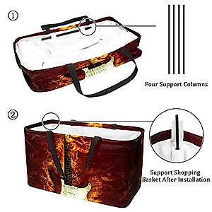 Reusable Grocery Bag Electric Guitar in Flames Burning Fire Large Stand Up Tote Shopping Bag with Reinforced Handles