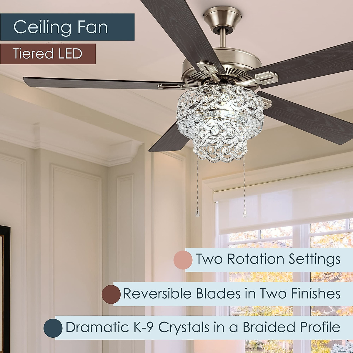 RIVER OF GOODS 52 Inch Tiered LED Crystal Ceiling Fan with Lights - Chandelier Ceiling Fans with Lights - Elegant Glam Ceiling Fan - Dining Room Light Fixture for Room Decor