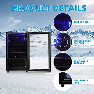 WANAI Mini Fridge Cooler 125Cans Beverage Refrigerator Glass Door Beverage Cooler for Beers Wine Juicer Cooler Adjustable Shelves LED Lights for Home, Office or Bar