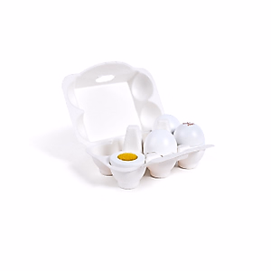 Hape Egg Carton | 3 Hard-Boiled Eggs with Easy-Peel Shell & 3 Fried, Wooden Realistic Educational Toy for Children 3+, White and Yellow (E3156)