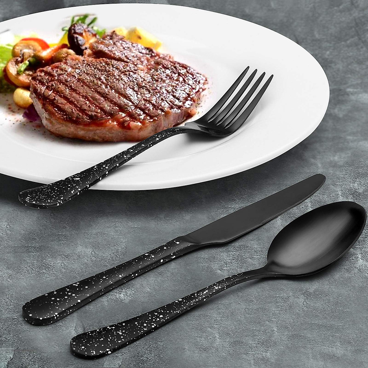 O.C.E. Matte Black Silverware Set, Stainless Steel Flatware Set, 20-Piece Tableware Cutlery Set Service for 4, Satin Finish Tableware Utensils Set, Dishwasher Safe (Starry White)