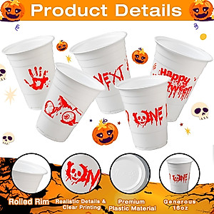 50Pcs Halloween Solo Cups for Party Decorations, 16 Oz Halloween Plastic Disposable Cups with Scary Bloody Hands Print for Kids Adults Halloween Party Supplies Favors