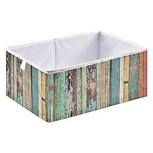 CaTaKu Vintage Wooden Cube Storage Bins for Organization, Rectangular Fabric Storage Cubes Storage Bins for Cube Organizer Foldable Storage Baskets for Shelves Living Room