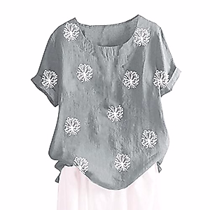 SMIDOW Cute Linen Tops for Women 2023 Summer Dandelion Print Shirts Short Sleeve Crewneck Shirt Loose Blouse Dressy Casual Spring Fashion Trends Gray XL