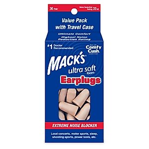 Mack's Ultra Soft Foam Earplugs, 30 Pair - 33dB Highest NRR, Comfortable Ear Plugs for Sleeping, Snoring, Travel, Concerts, Studying, Loud Noise, Work | Made in USA