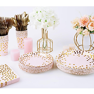 Pink and Gold Party Supplies - 350 PCS Disposable Dinnerware Set - Pink Paper Plates Napkins Cups, Gold Plastic Forks Knives Spoon for Graduation, Birthday, Cocktail Party