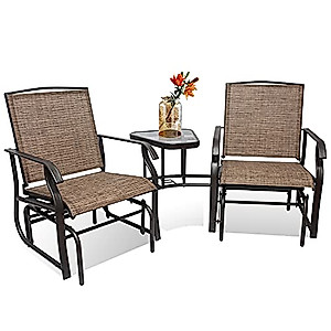 2 Person Patio Double Swing Glider Chair with Center Table and Umbrella Hole, Outdoor Sling Fabric Steel Frame Rocking Chair Set for Garden,Porch,Backyard, Poolside, Lawn,Balcony (Brown)