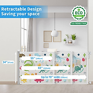 78 Inch Extra Wide Retractable Baby Gate for Large Opening, Child Safety Indoor/Outdoor Retractable Mesh, 34" Tall for Doorways, Stairs, Hallways-Dinosaur