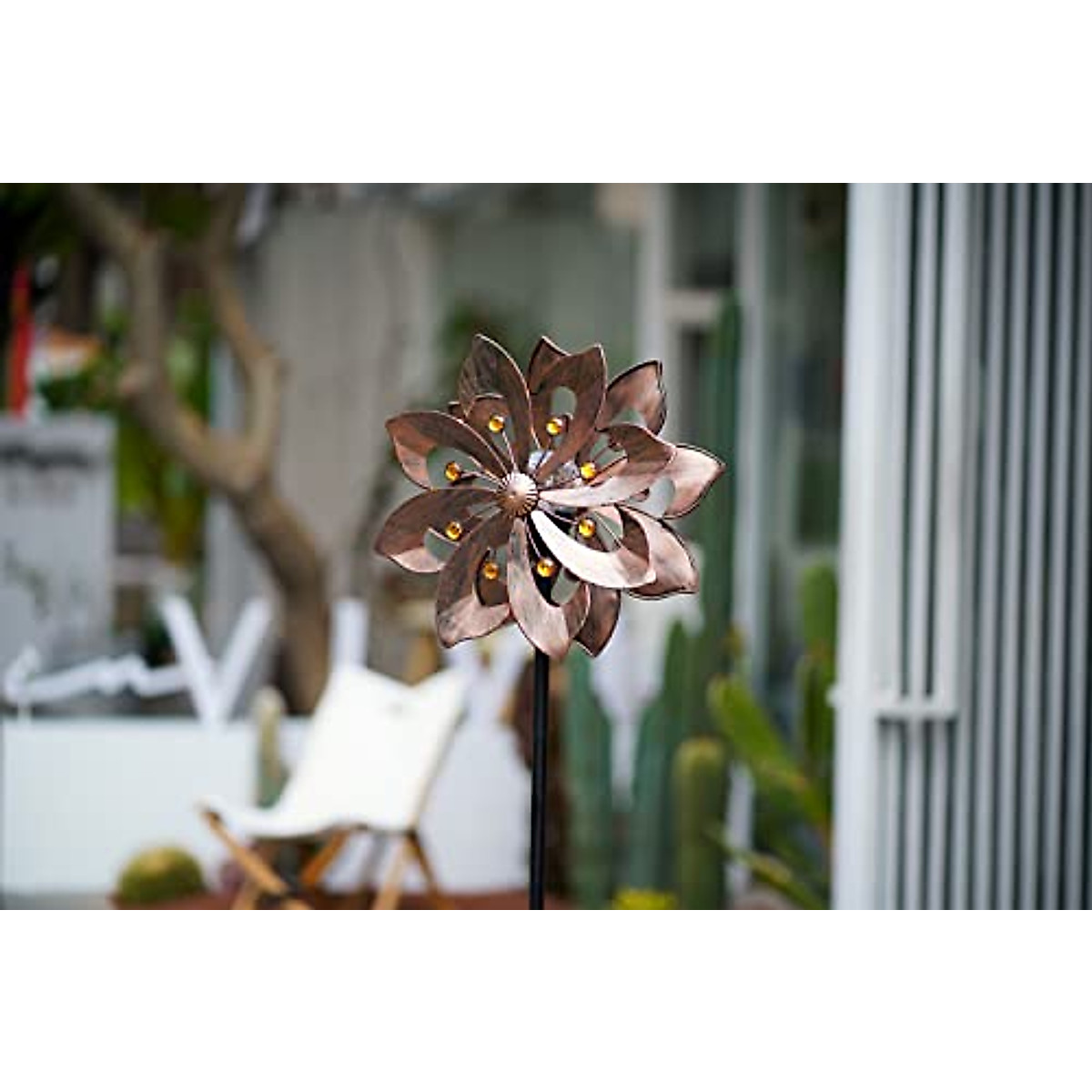 TOMBABY Solar Copper Wind Spinner with Glass Ball Color Changing LED Lighting with Kinetic Wind Mill Dual Direction for Patio Lawn Garden Holiday Decoration