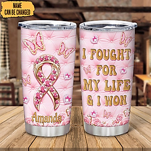 Hyturtle Personalized 2D Printed Breast Cancer Awareness Tumbler Gifts for Women - Birthday Christmas Gifts For Breast Cancer Survivors - Custom Name 20oz Insulated Stainless Steel Travel Tumbler