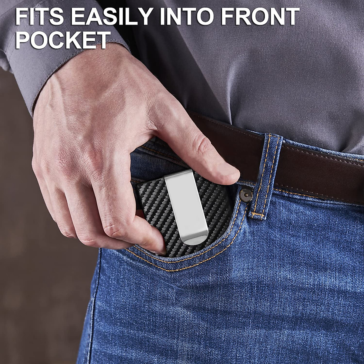 SLUKULU Slim Wallet for Men with Money Clip and Credit Card Holder, RFID Blocking Carbon Fiber Wallet,Minimalist Pop-Up Metal Front Pocket Wallet. (Black)