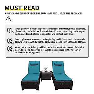 Outdoor Wicker Chaise Lounge Set, Patio, Poolside PE Rattan Lounge Chairs, Adjustable Reclining Chaise Loungers with Cushions and Matching Storage Table, Peacock Blue