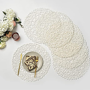 IcosaMro White Round Placemats Set of 6 for Dining Table, 15 Inch Paper Woven Boho Decorative Circle Place Mat for Wedding Holiday Christmas Thanksgiving Day Dinner