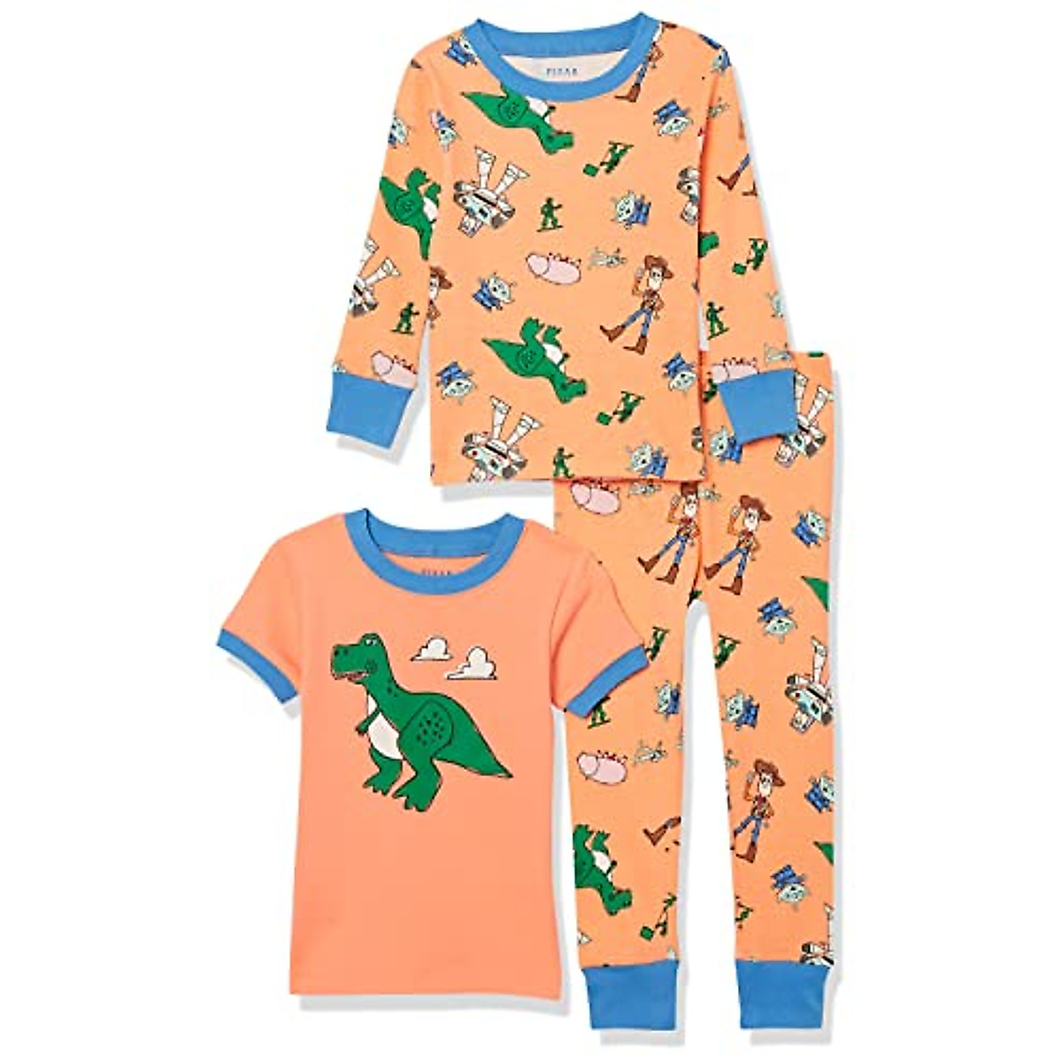 Amazon Essentials Disney | Marvel | Star Wars Toddler Boys' Snug-Fit Cotton Pajama Sleepwear Sets, Pack of 3, 3-piece Toy Story Rex Set, 3T