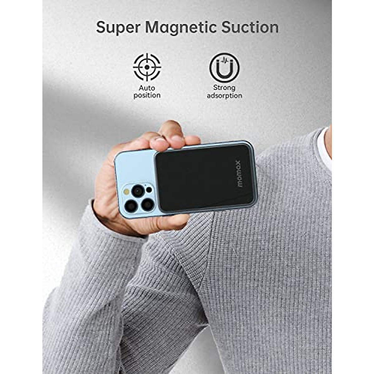 MOMAX Magnetic Wireless Portable Charger, Transparent Battery Pack with Stand, Foldable 5000 mAh Magnetic Wireless Power Bank and USB-C for iPhone 14/13/12 Series, Magnetic Portable Charger for iPhone