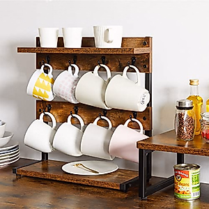 IBUYKE Rustic Coffee Mug Holder Stand, 2 Tier Countertop Mug Tree Holder Rack with Storage Base, Vintage Mug Holders for Kitchen, Holds 8 Mugs, Rustic Brown UTBJ002H