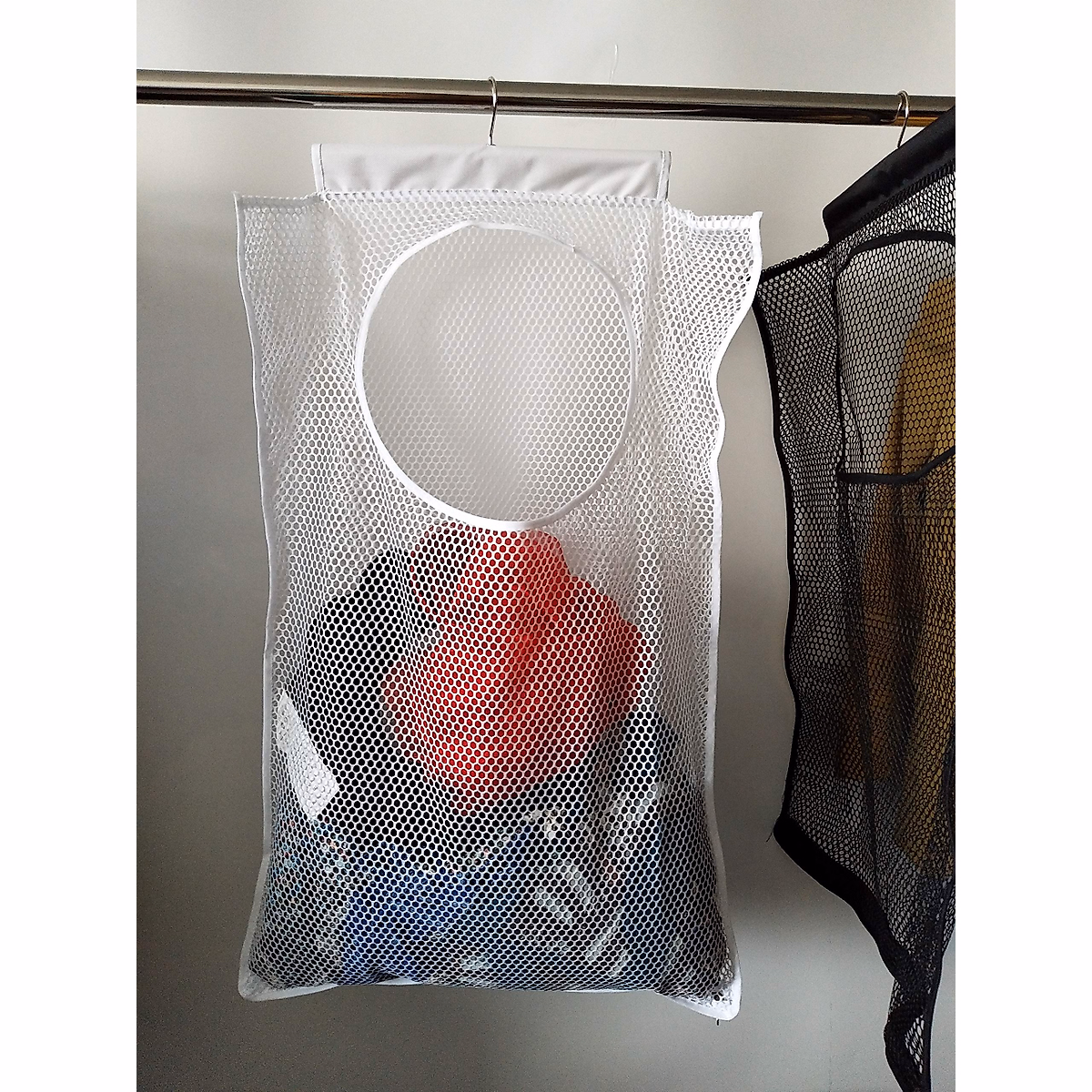 Dearjana Door-Hanging Mesh Laundry Hamper Bag, Space Saving Corner Small Laundry Basket Dirty Clothes Hamper with Rotating Metal Hanger for Apartment, RV, Camper, Cabin, College Dorm Use(White)