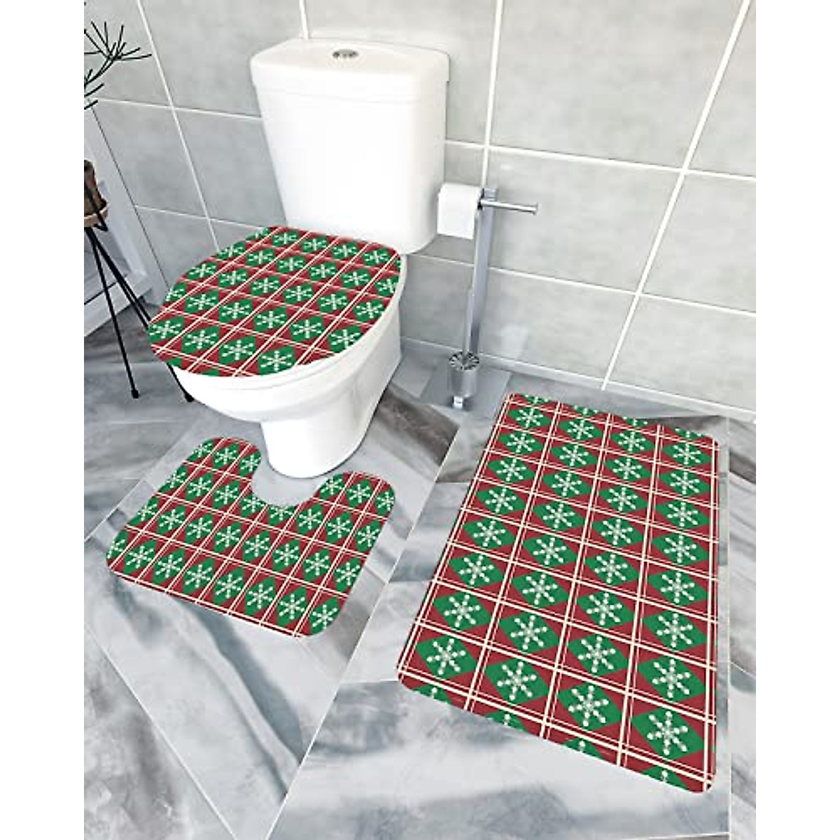 Christmas Bath Rugs for Bathroom Set 3 Piece Snowflake Red Green Diamond Plaid Non-Slip Washable Memory Foam Absorbent Bath Mat Rugs for Tub Shower,U-Shaped Toilet Floor Mats,Toilet Lid Cover