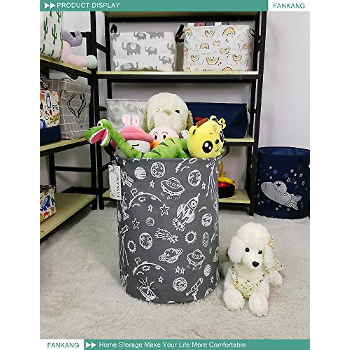 FANKANG Storage Basket, Nursery Hamper Canvas Laundry Basket Foldable with Waterproof PE Coating Large Storage Baskets for Kids Boys and Girls, Office, Bedroom, Clothes,Toys（Space Planet）