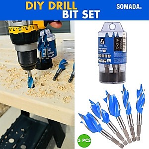 SOMADA Auger Drill Bit Set for Wood, 5-Piece, 1/2", 5/8", 3/4", 7/8" and 1" Inch Size, 4-Inch Long with Storage Case, Impact Wood Auger Set with Quick Change