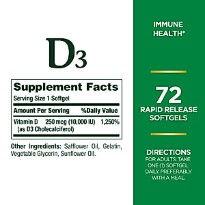 Nature's Bounty Vitamin D for Immune Support and Promotes Healthy Bones, 10000IU, Softgels, Multi-Color, 10,000 IU, 72 Count (Pack of 1)