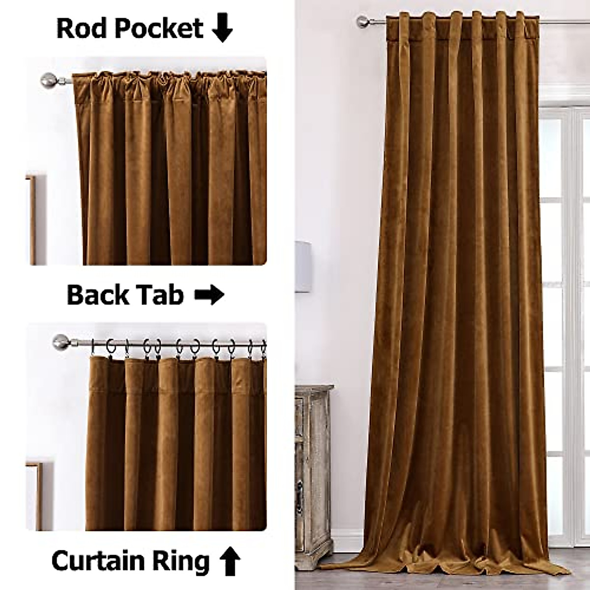 Benedeco Gold Brown Velvet Curtains for Bedroom Window with Back Tab, Super Soft Vintage Luxury Heavy Drapes, Room Darkening Thermal Insulated Curtain for Living Room, W52 by L84 inches, 2 Panels