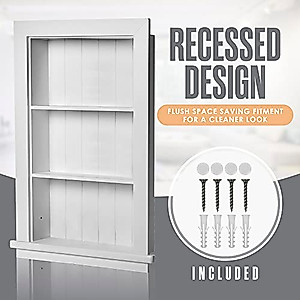 Recessed Medicine Cabinet, Wall Niche, In Shelves, Shelf Insert, 14"W x 24"H ID, 17"W x 27"H OD, 3 Tier, White, Wood, Shallow Drywall Cabinets, Between Studs Shelving, Open Bathroom Cubby | Houseables
