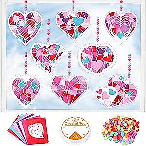24 Pieces Valentine's Day Suncatcher Craft Kit, Tissue Paper Heart Suncatcher Craft Valentine's Day Window Art Kit with 18 Tissue Paper for Valentine's Day Mother's Day Craft DIY Spring Party Favor