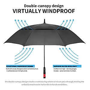 SIEPASA /62/68/72 Inch Automatic Open Golf Umbrella Oversize Extra Large Double Canopy Vented Windproof Waterproof Stick Umbrella.(Black, 62",Red Handle)