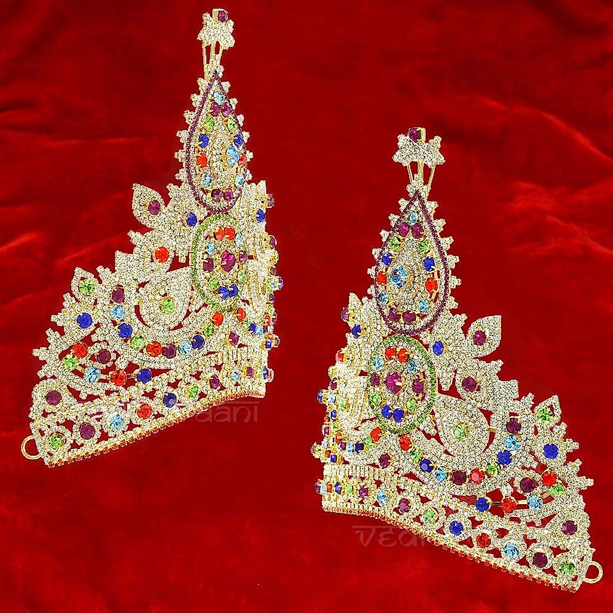 Vedic Vaani Elegant Navratri Goddesses Maa Navdurga Sherawali MATA Multicolour Gemstones Decorative Mukut/Crown/Handmade Designer Taj for Navdurga Festival, Puja, Goddess Idol/Statue