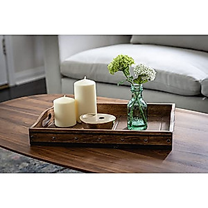 Stonebriar Rectangle Natural Wood Serving Tray with Black Metal Trim and Rivet Detail, Rustic Butler Tray, Unique Serving Tray, Centerpiece for Coffee Table, or Candle Holder 17.8" x 12"