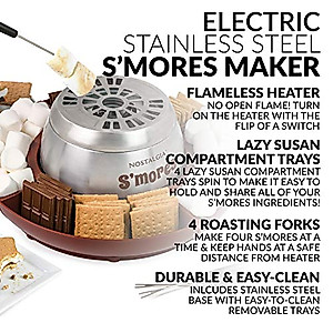 Nostalgia LSM400 Indoor Electric Stainless Steel S'mores Maker with 4 Lazy Susan Compartment Trays for Graham Crackers, Chocolate, Marshmallows and 4 Roasting Forks