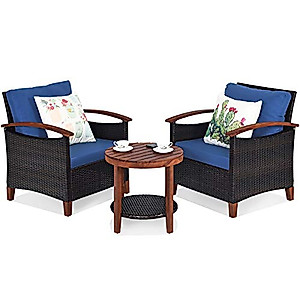 HAPPYGRILL 3 Pieces Rattan Furniture Set Outdoor Patio Conversation Set Wicker Sofa Set with Cushion & Acacia Wood Frame, Table & Chairs Set for Garden Poolside Balcony