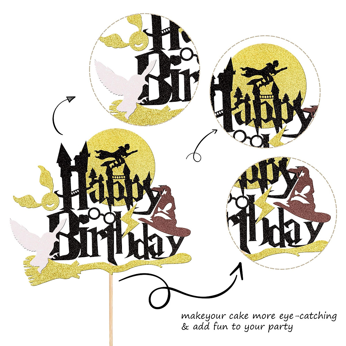 1 PCS Happy Birthday Magical Wizard Cake Topper Glitter Birthday Cake Pick for Wizard Theme Baby Shower Kids Boys Girls Birthday Party Cake Decorations Supplies