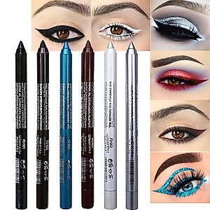 evpct 6Pcs White Glitter Eyeliner Pencils Set delineadores de colores para ojos lapiz negro a prueba de agua Black Silver Blue Red Brown Metallic Colorful Liquid Eye Liners Waterproof