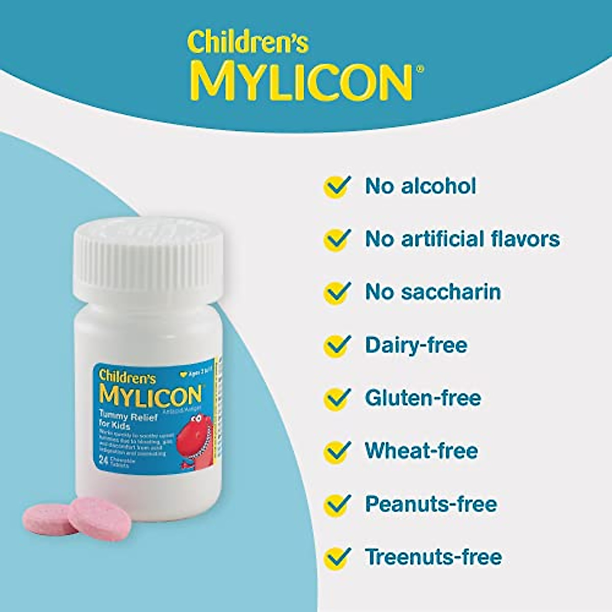 MYLICON Children's Tummy Relief for Kids, 24 Cherry Flavored Chewable Tablets