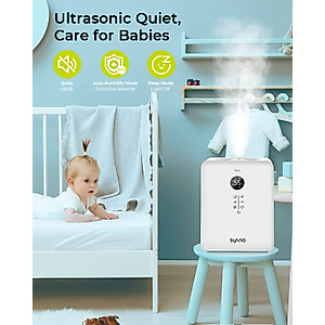 Cool and Warm Mist Humidifiers for Bedroom Large Room, Syvio 6L Top Fill Air Humidifiers for Baby, Plants, Whole House Quick Humidify up to 755 sq.ft, Remote Control, with 1 Fish-Filter, Milky White …