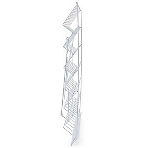 Displays2go Wire Magazine Rack with 6 Open Tiers, Holds Both Magazines and Brochures, Includes Sign Channel at the Front - White Wire