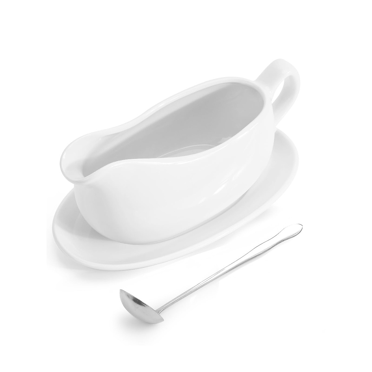 LoeJan Gravy Boat with Spoon, Ceramic Sauce Serving Dish, Easy-Pour Big Dripless Lip Spout Serveware Set For Salad Cream Milk Broth Black Pumpkin Thanksgiving (14 OZ & Tray)