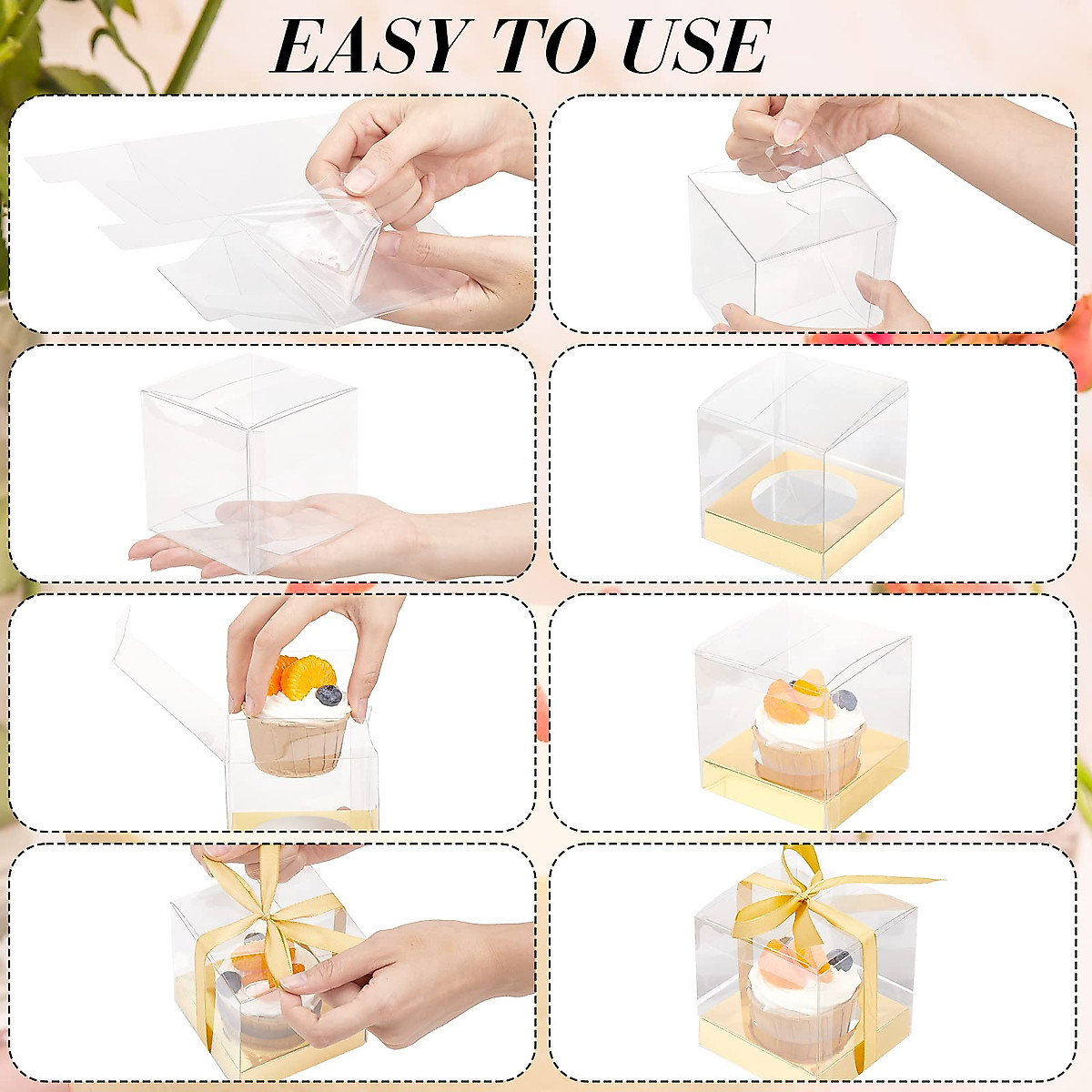 Tuanse 96 Pieces Individual Cupcake Boxes Single Cupcake Container Cupcake Carrier Plastic Cupcake Holder with Ribbons and Inserts for Wedding Birthday Party Favors, 3.5 x 3.5 x 3.5 Inch (Gold)